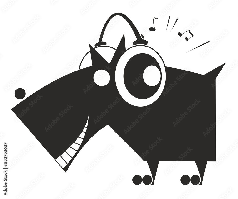 Cartoon dog with headphones listens to music. Original black on white ...