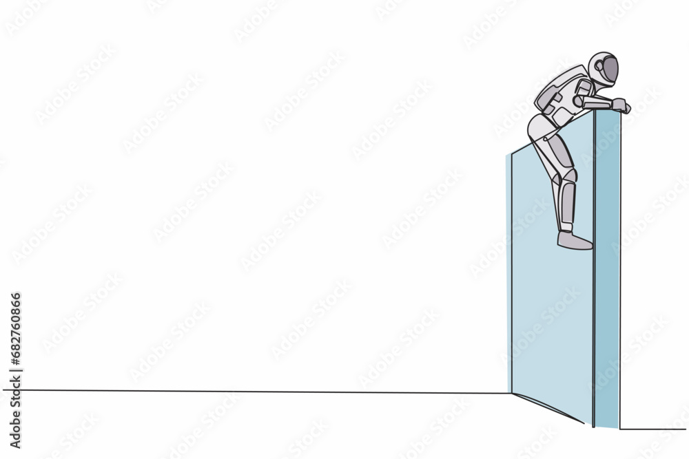 Single one line drawing young astronaut overcame wall obstacles that ...