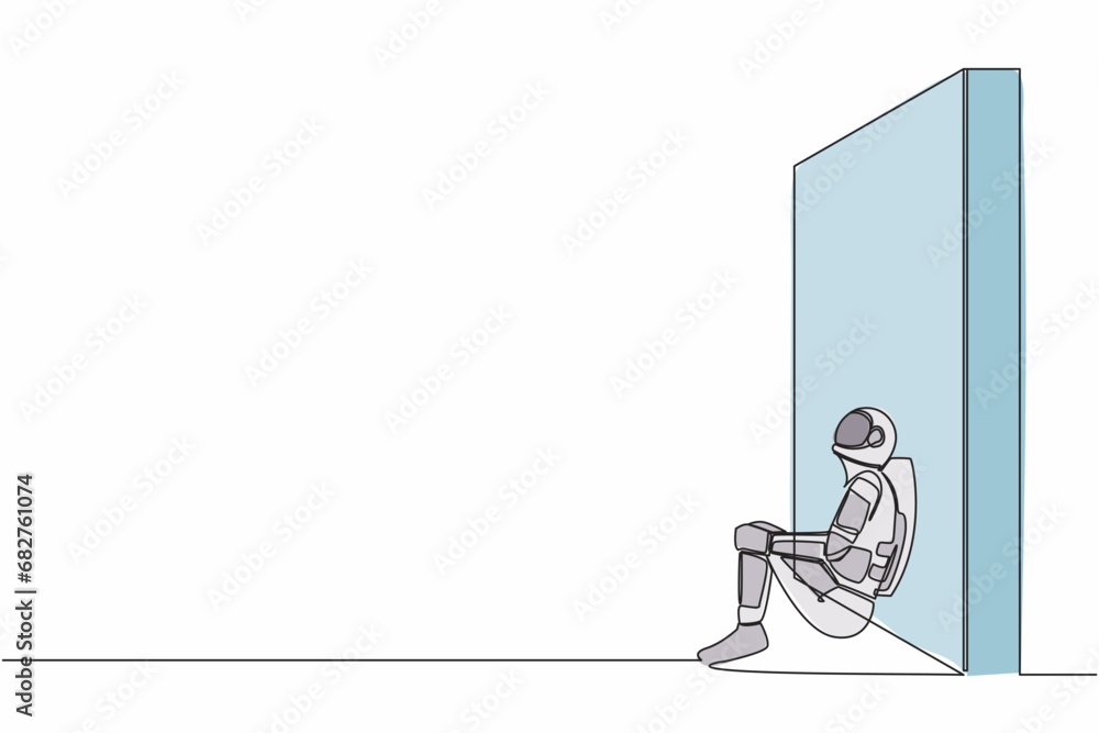 Single continuous line drawing astronaut sitting on floor and lean ...