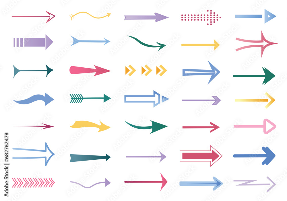 Arrows set in flat cartoon design. Highlighting of the splash of color ...