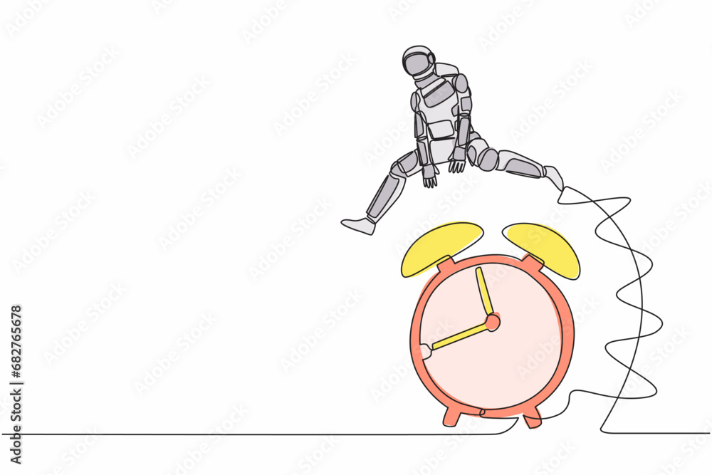 Continuous one line drawing young astronaut jumping over alarm clock ...