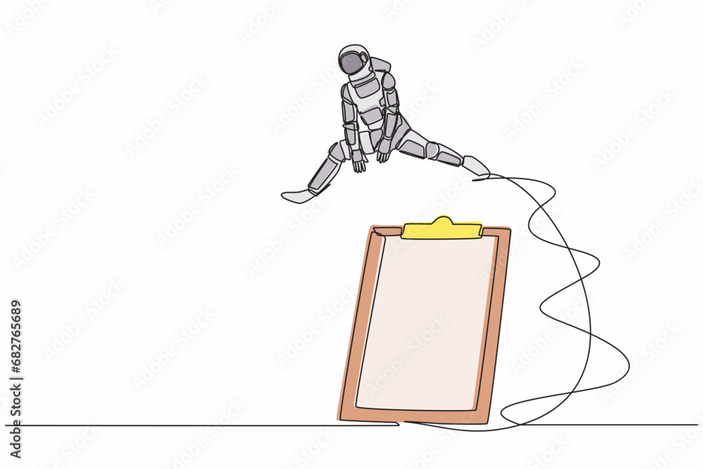 Single continuous line drawing astronaut jumping over clipboard ... Single continuous line drawing astronaut jumping over clipboard ...