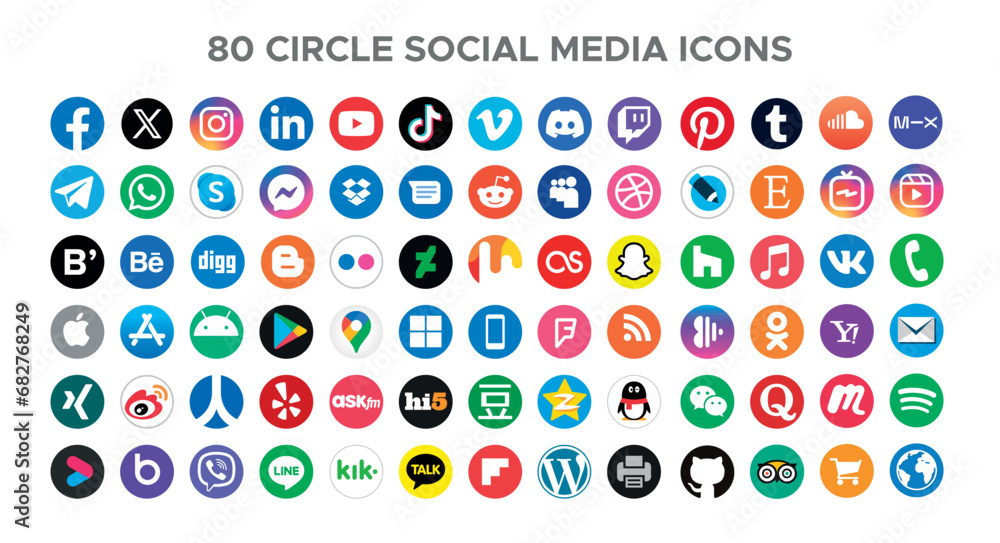 80 colorful round social media icons - complete collection of sharing ...