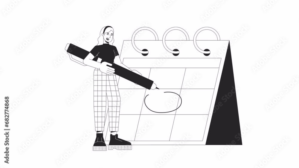 Woman encircling important day on calendar bw outline 2D character ...