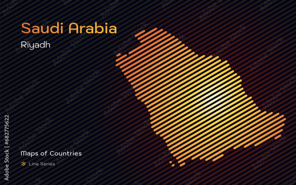 Saudi Arabia Gold Map with a capital of Riyadh Shown in a line Pattern ...
