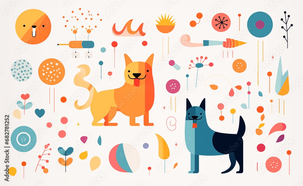 Animated dog minimalism: Creative images with geometric shapes. Vibrant ...