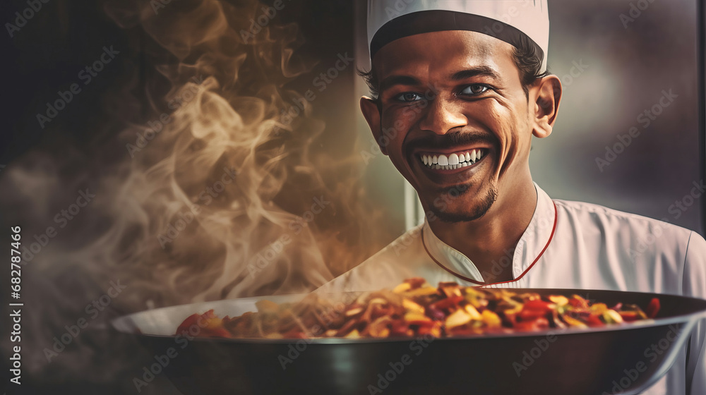 Smiling Indian chef cooking flavorful spicy dish showcasing rich ...