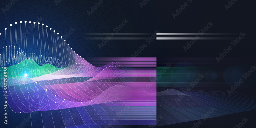 Abstract background color graph with white lines, dots and blurred lines on dark. Interlacement ...