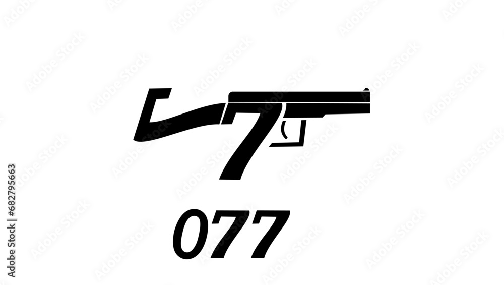 Agent 077 symbol, text with gun of sevens, black isolated silhouette ...