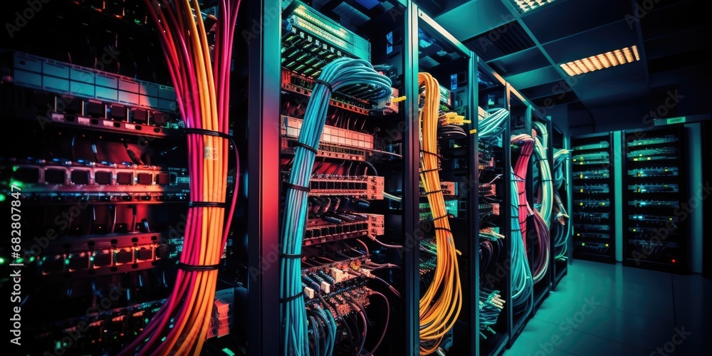A complex set of wires and cables converge in data center where server ...