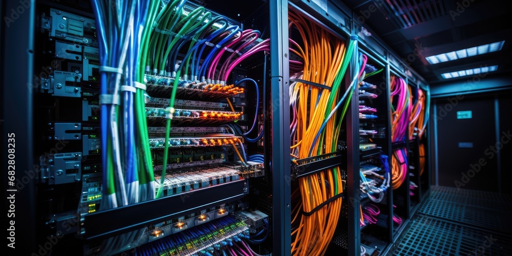 A complex set of wires and cables converge in data center where server ...