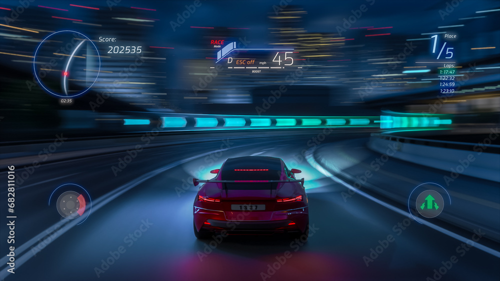 Gameplay of a Racing Simulator Video Game with Interface. Computer ...