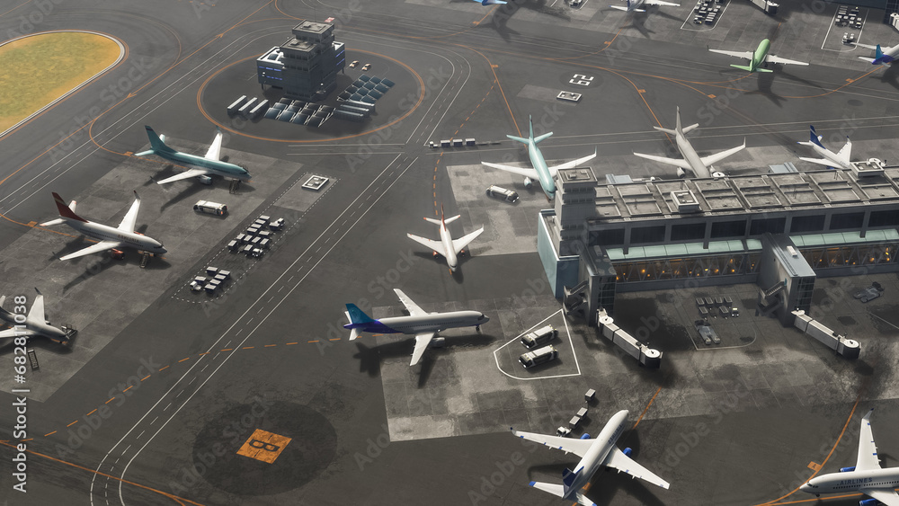 Aerial View of a 3D Commercial Airport Render with Parked Planes ...