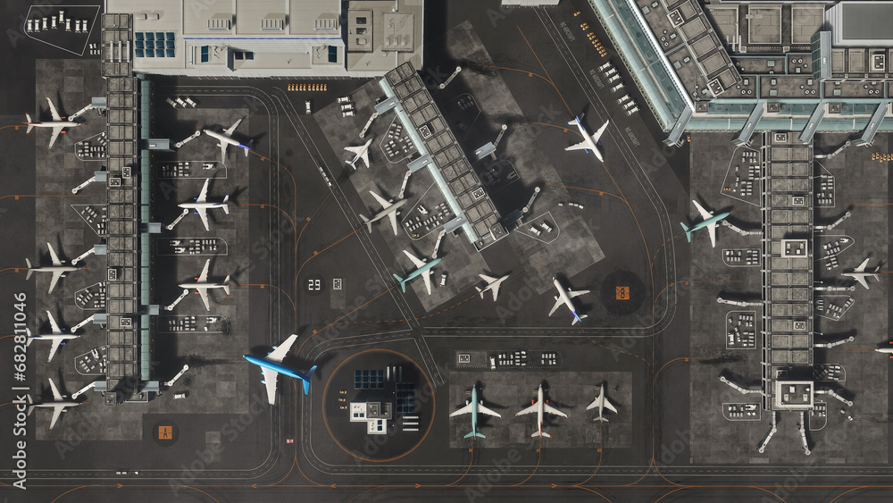 Photo & Art Print Aerial View of a 3D Commercial Airport Render with ...