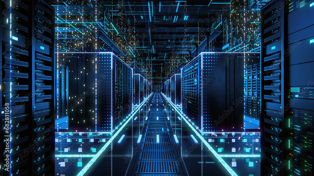 Data Technology Center Server Racks in Dark Room with VFX. Detailed ...