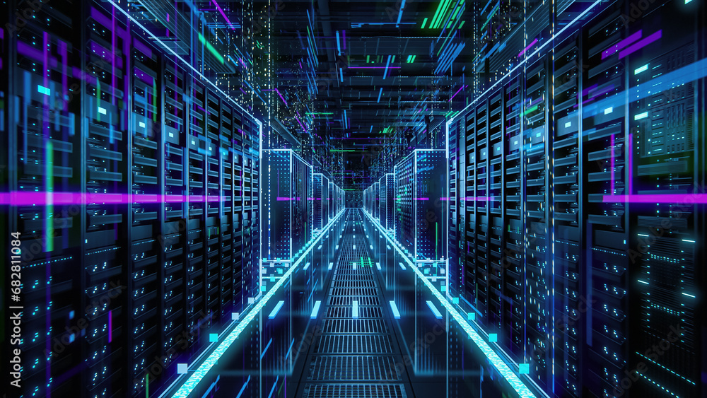 Data Technology Center Server Racks in Dark Room with VFX. Detailed ...