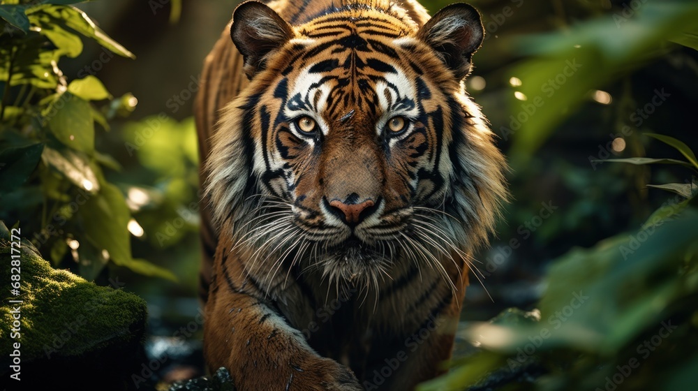 tiger in the rainforest looking at the camera, in natural conditions ...