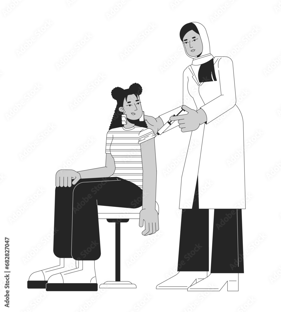 Influenza vaccination black and white cartoon flat illustration. Muslim ...