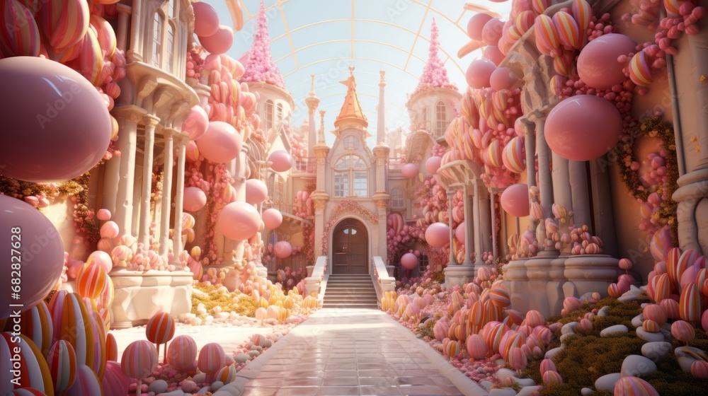 Wonderful fantasy pink castle for fairytale princess. Elegant towers ...