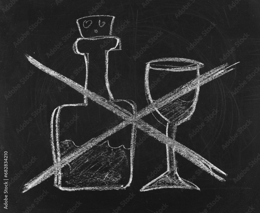 Icon prohibition of alcohol, hand draw chalk on chalkboard, blackboard ...