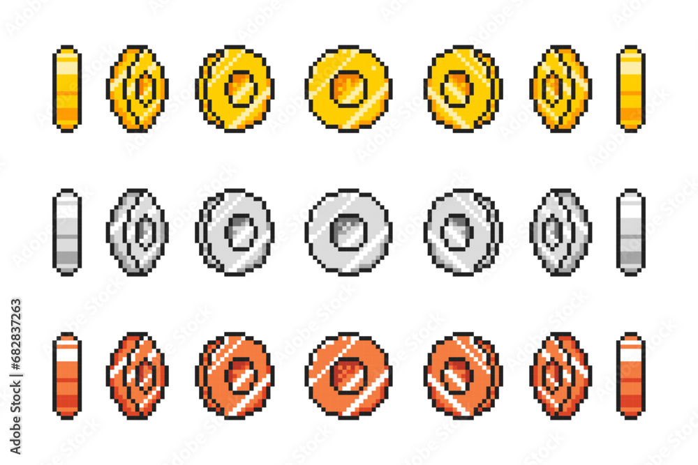 Set of animation 8-bit pixel coin. Coins of gold, silver and bronze ...