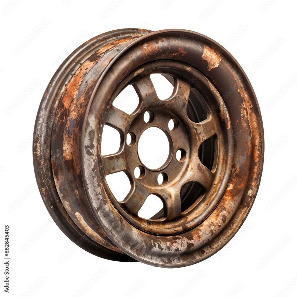 Old rusty metal car rim isolated on white background. Angular view. Isolated on transparent ...