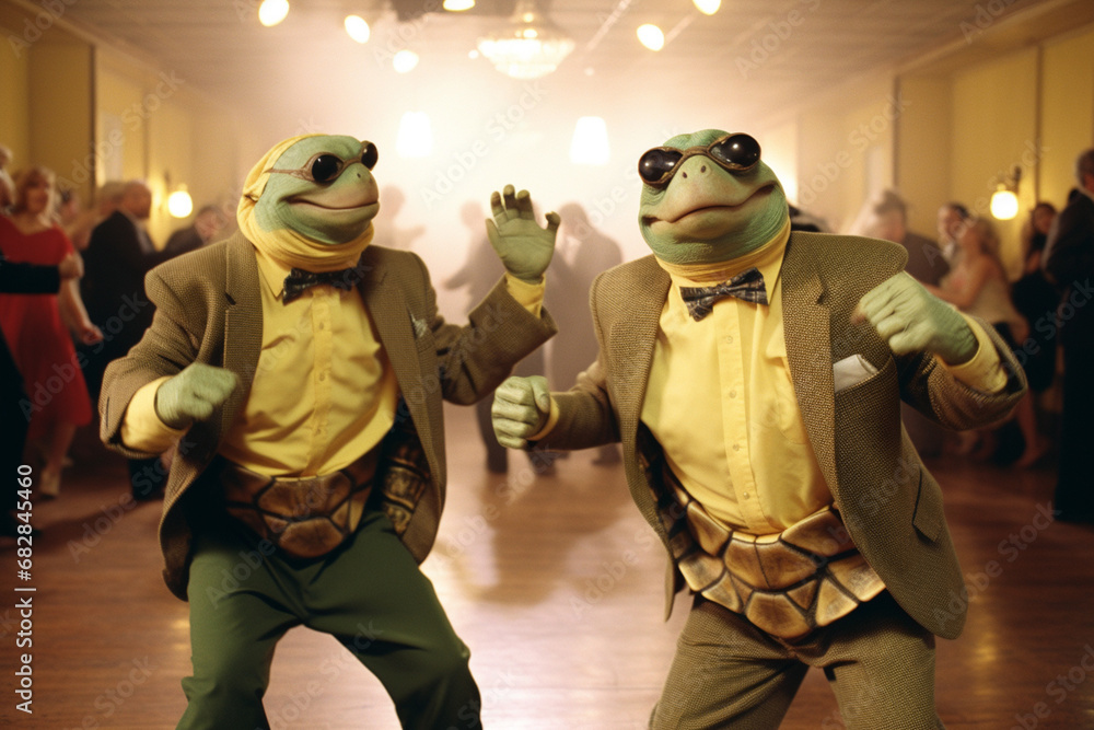 Well-balanced scene of turtles engaging in a tango dance, showcasing ...