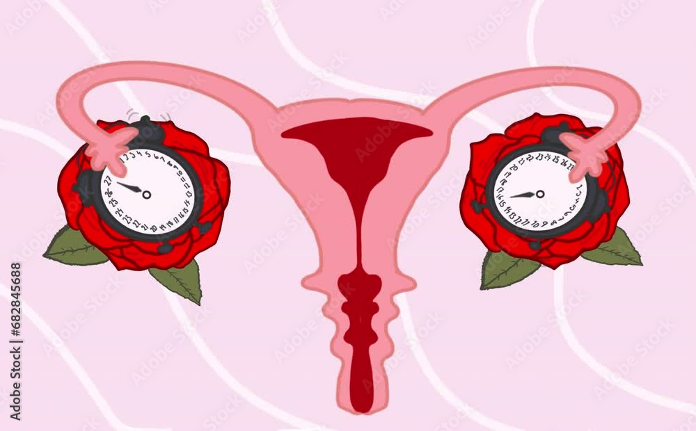 Conceptual 4k animated video of the uterus with clocks and roses ...