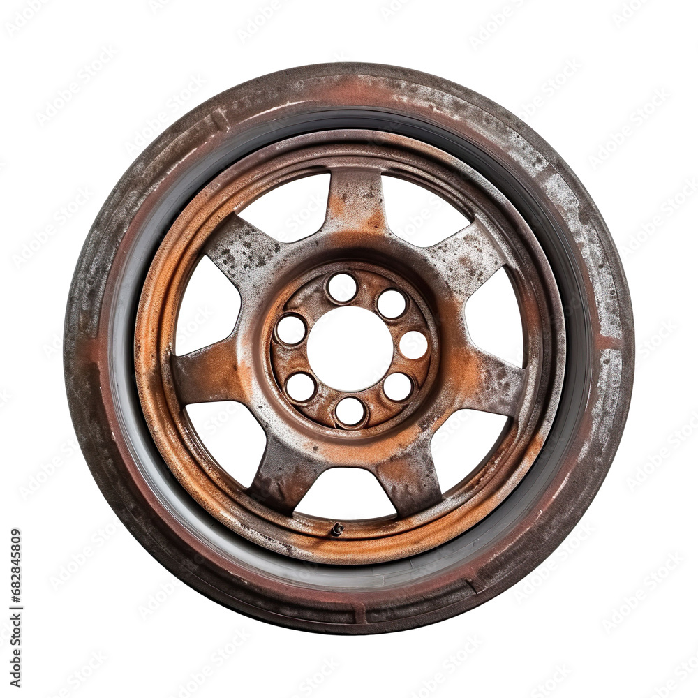 Old car wheel, rusty car alloy rim, Tyre, Rubber isolated on transparent background. Stock ...