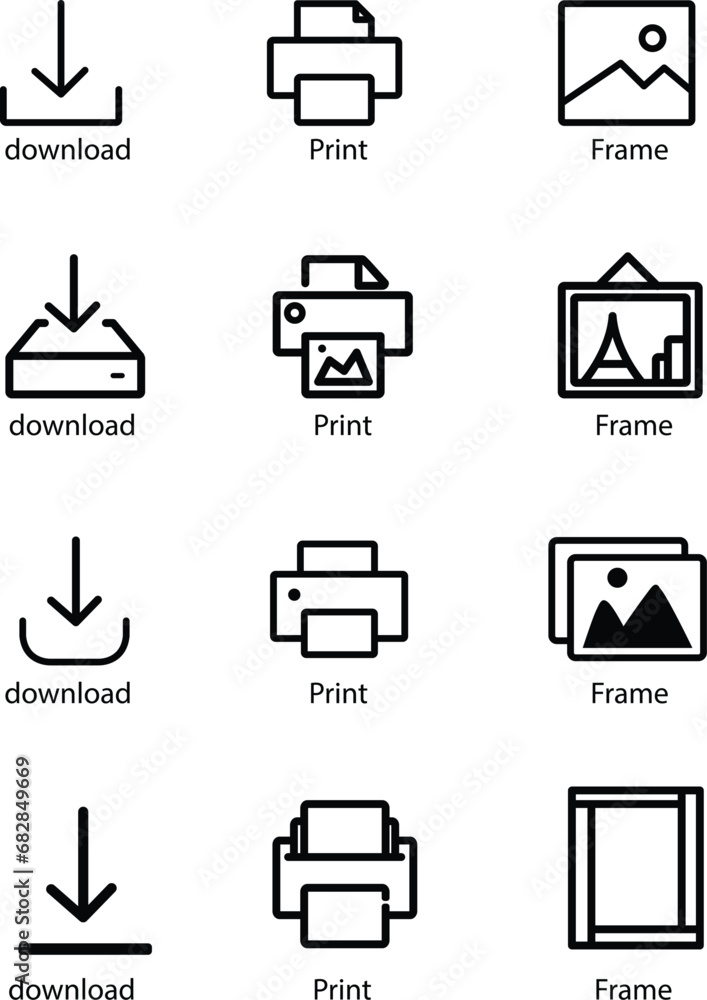 instant download set of icons - download, print and frame icons. Vector ...