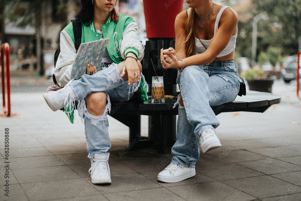 Two casually dressed high school girls study outdoors, discussing and ...
