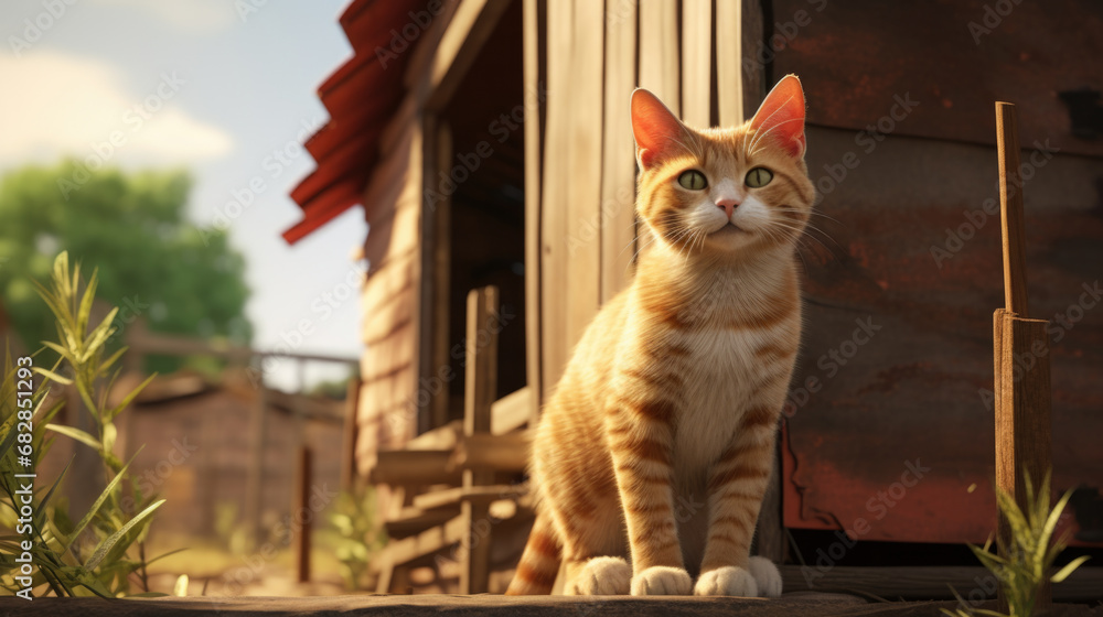 Cartoon orange Tabby cat walking outside in the grass. Stock Photo ...