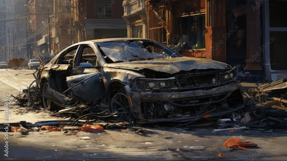 Destroyed abandoned car with broken car glasses, flat tires Stock Photo ...