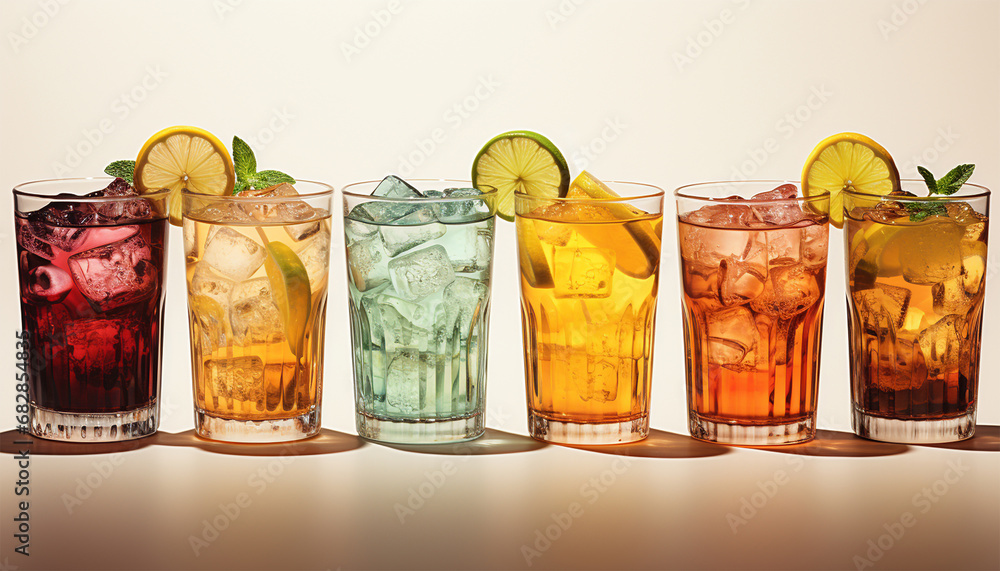 Row of various drinks on light background. Collection of various ...