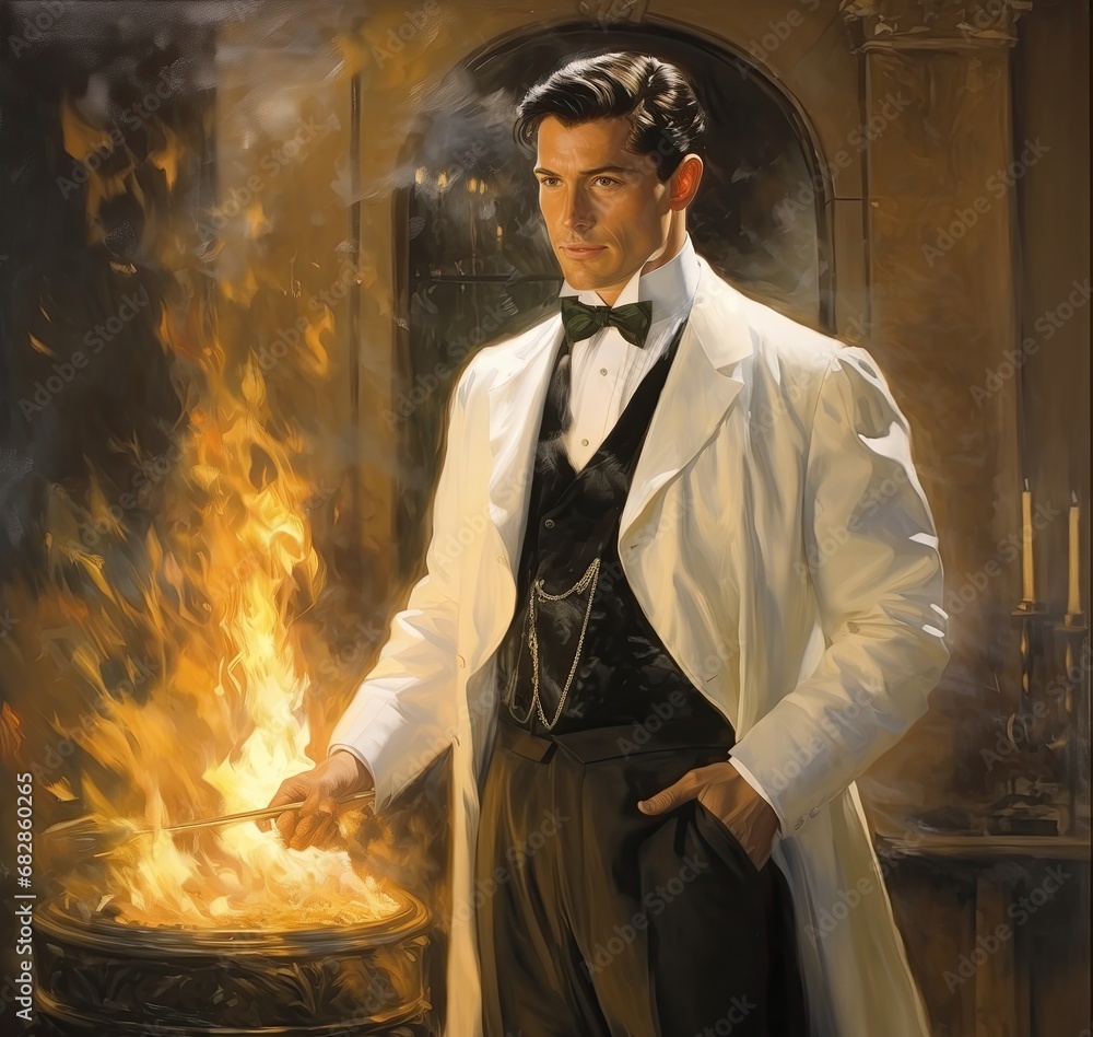 An illustration of a male scientist wearing scrubs, suit and a bow-tie ...