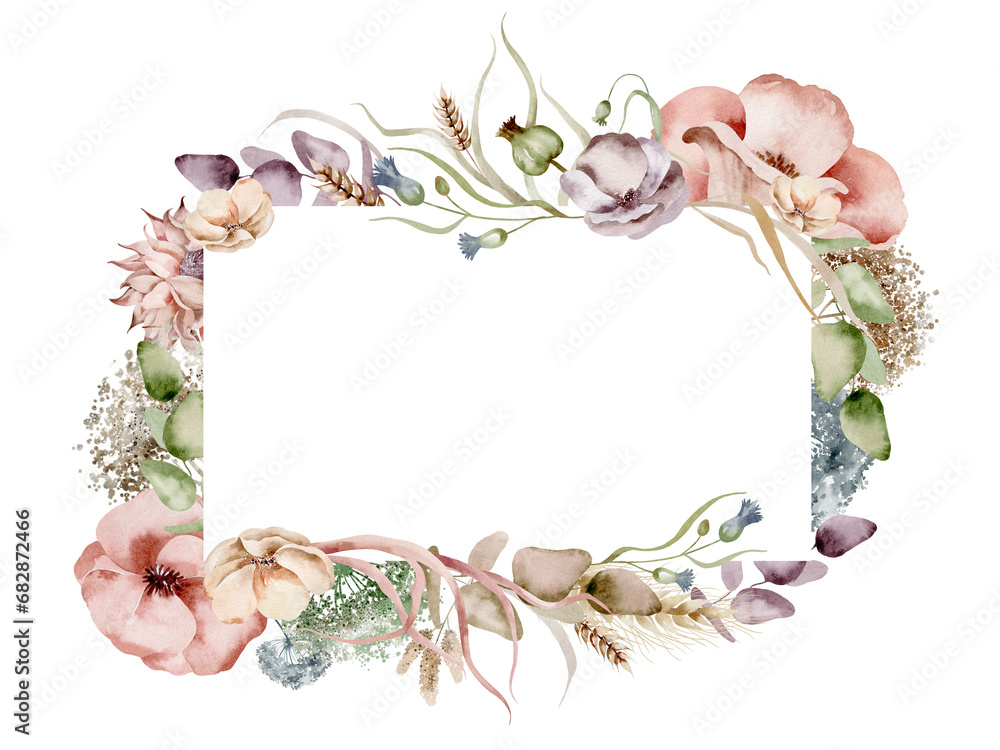 Rectangular frame made of wildflowers. Watercolor botanical frame of ...