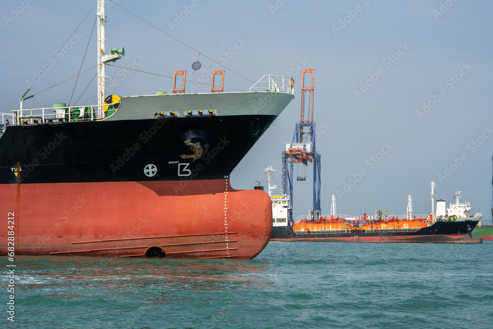 Front of bow nose large cargo container ship, nose of vessel cargo ship ...