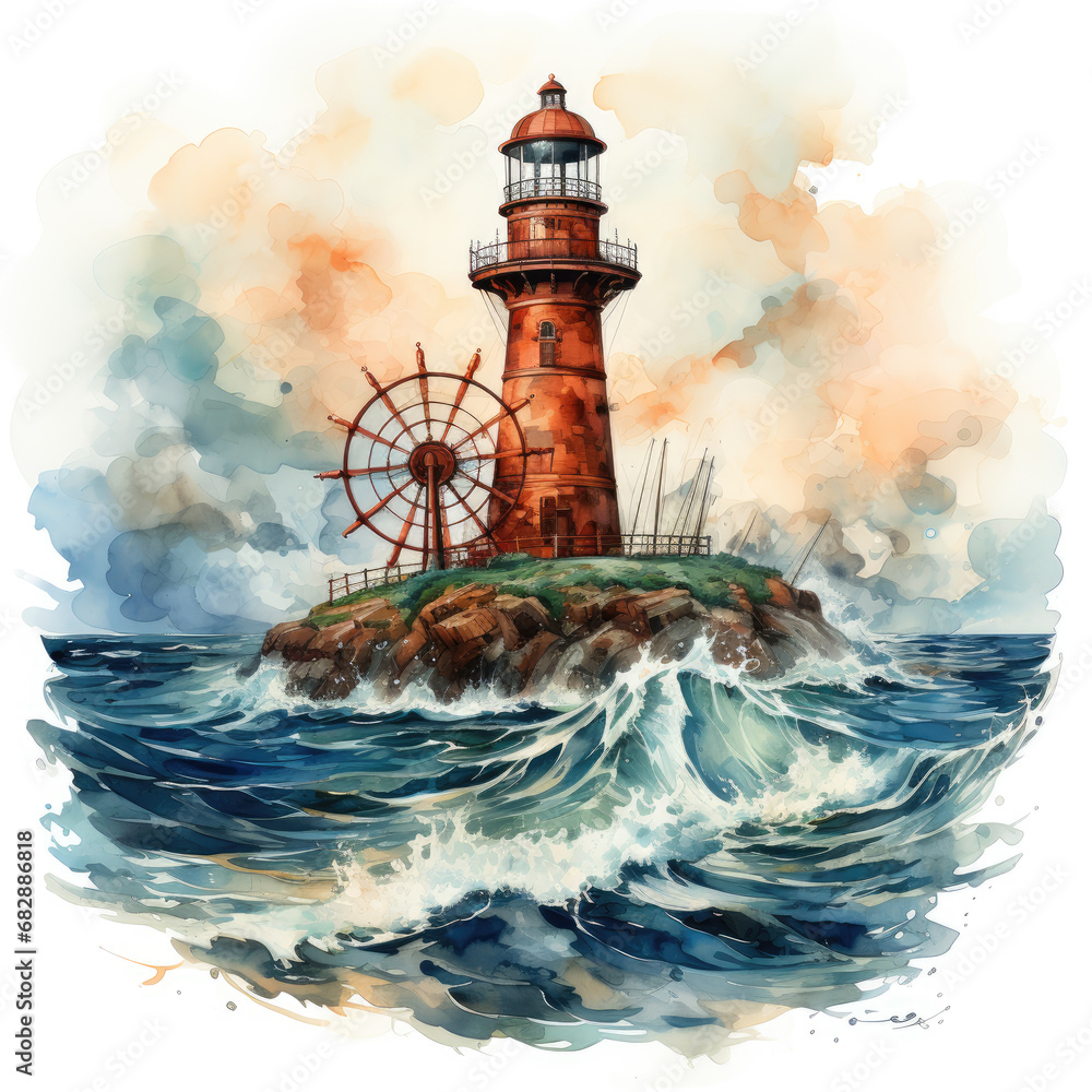 Watercolor Steering Ship Wheel with Lighthouse Clipart illustration Generative Ai Stock ...