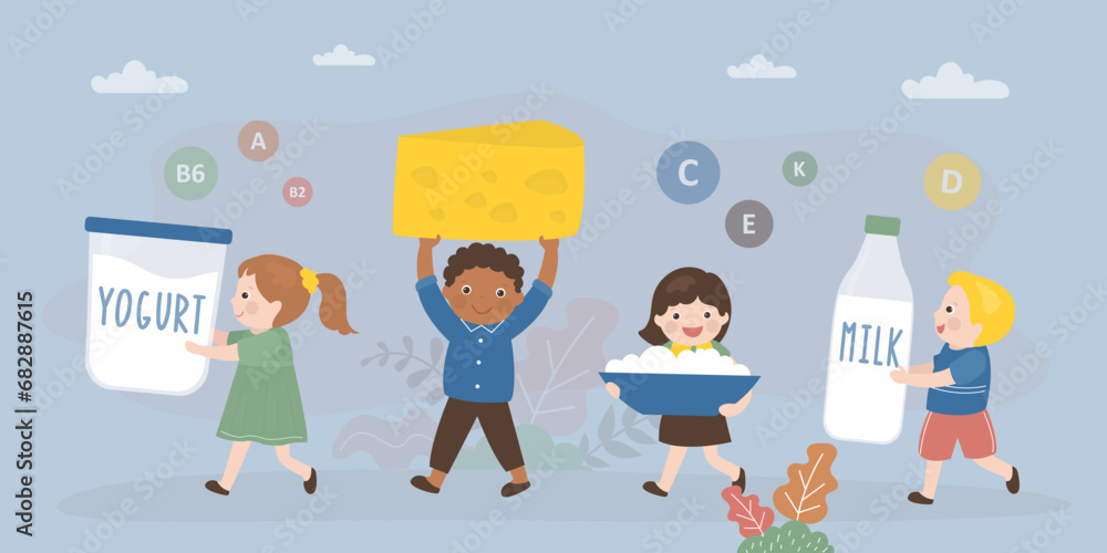 Group of hungry children carrying various dairy food - cheese, milk ...