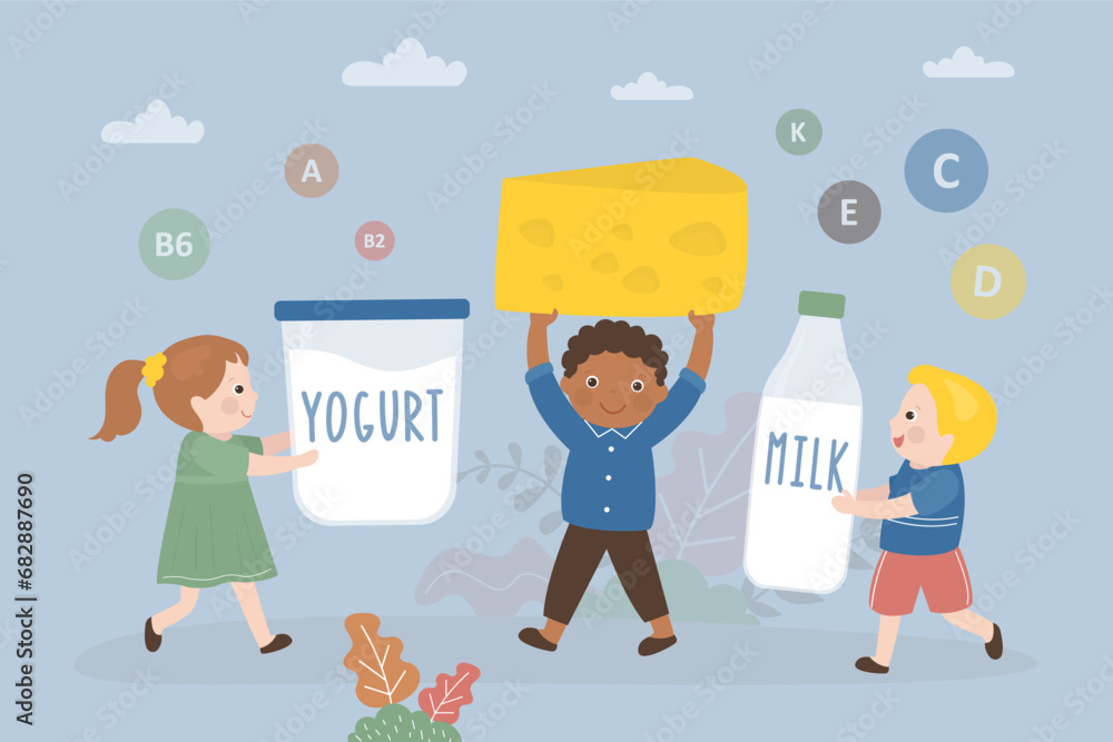 Group of hungry children carrying various dairy food - cheese, milk ...