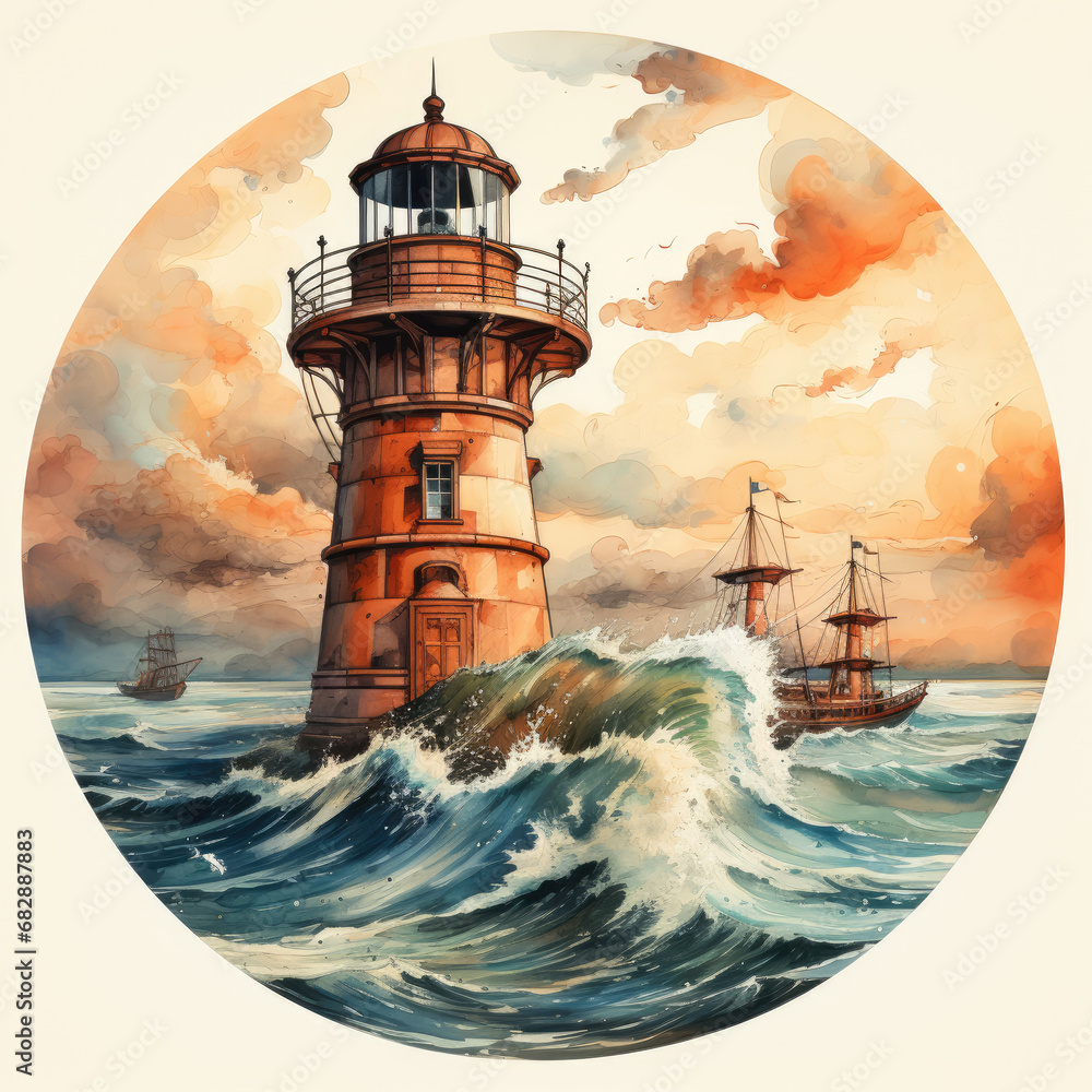 Watercolor Steering Ship Wheel with Lighthouse Clipart illustration Generative Ai Stock ...