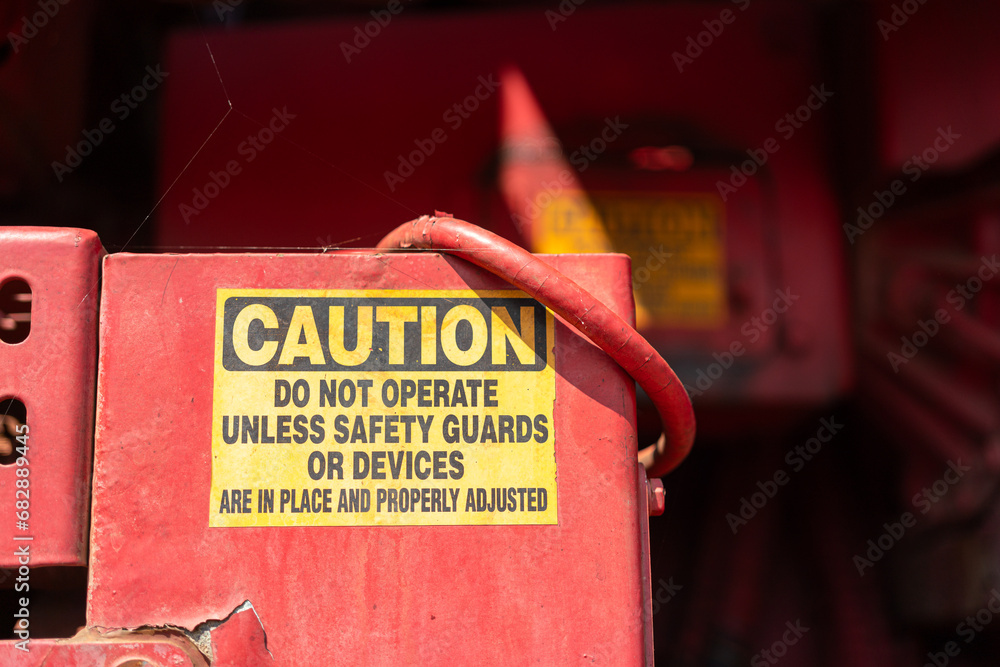 Caution safety sign of moving part inside the machine, dangerous for ...