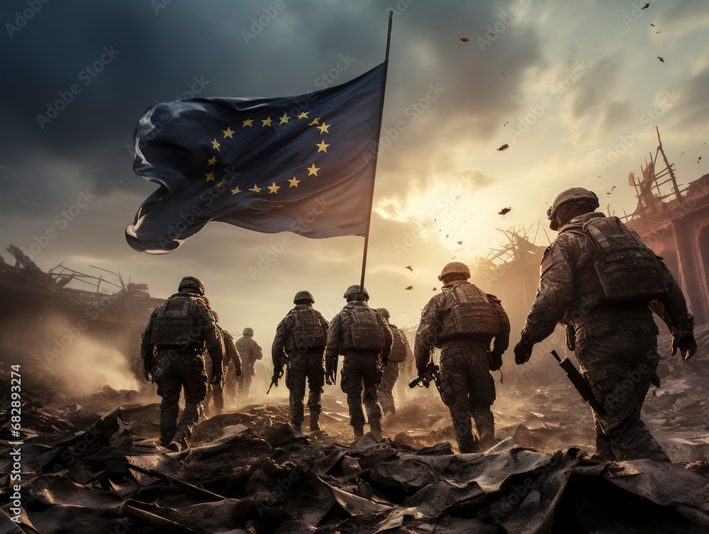 Flag of the European Union with soldiers, symbolic image for a joint ...