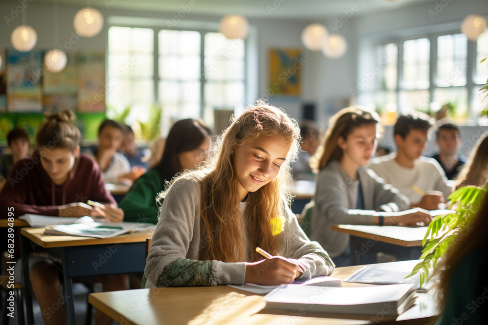 Young girl at school in a lesson class. Girl at the desk in a classroom ...