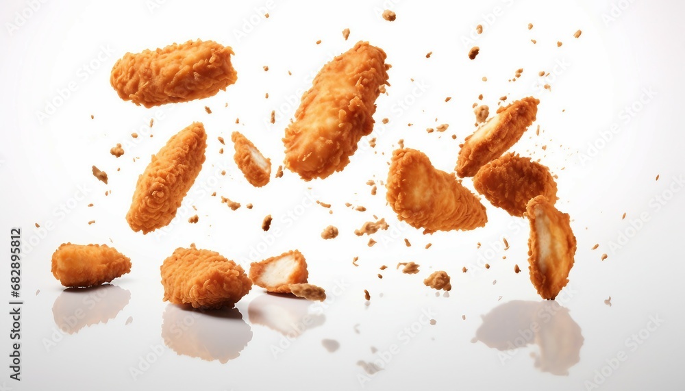 Fried chicken nuggets falling in the air on a white background, ai ...