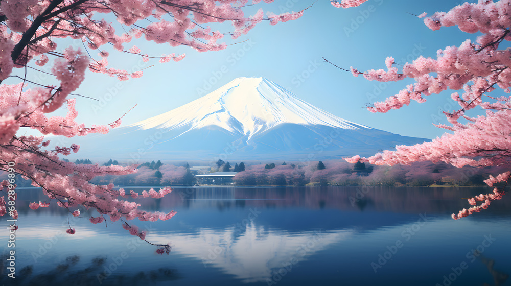 The iconic Mount Fuji standing tall against a backdrop of cherry ...