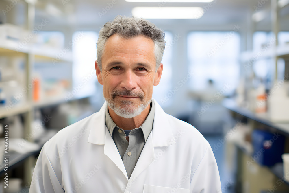 An American male chemist standing in tha lab wearing lab coat with ...