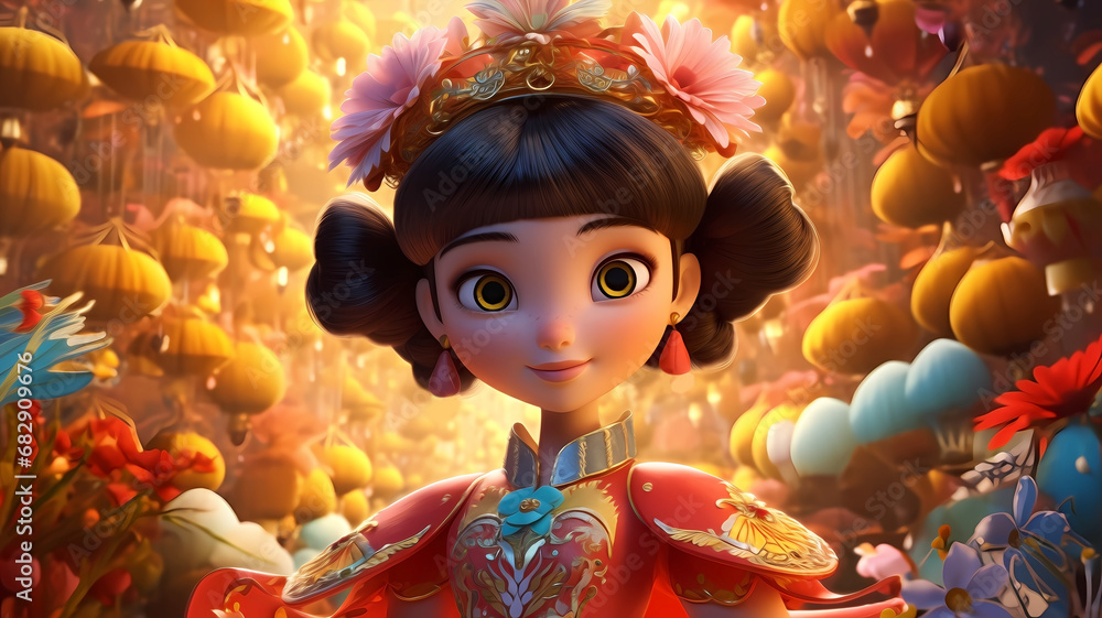 Hand drawn cartoon illustration of cute and beautiful Chinese costume ...