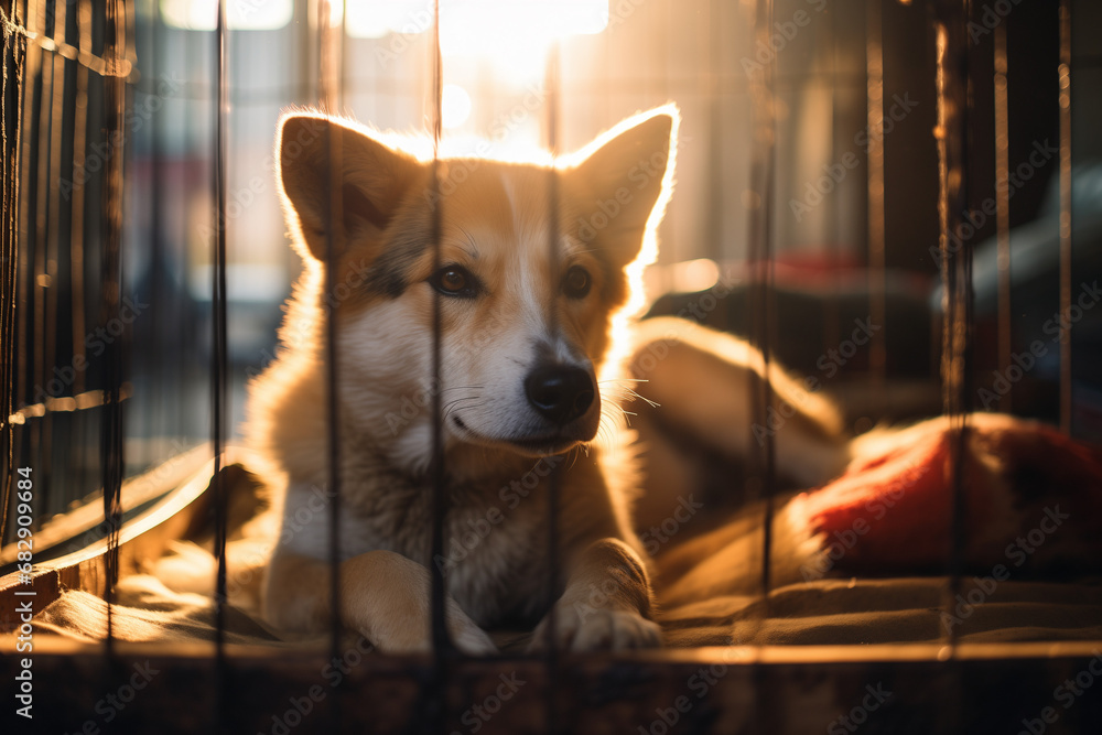 Stray homeless dog in animal shelter cage. Sad abandoned hungry dog ...