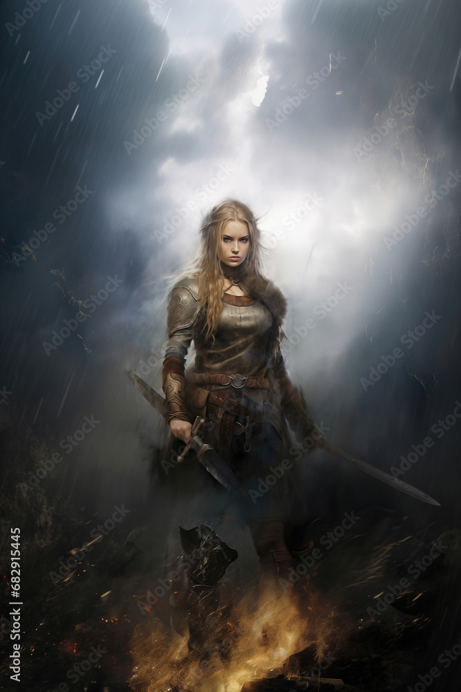 Portrait of beautiful blonde warrior girl with sword in style of combat ...